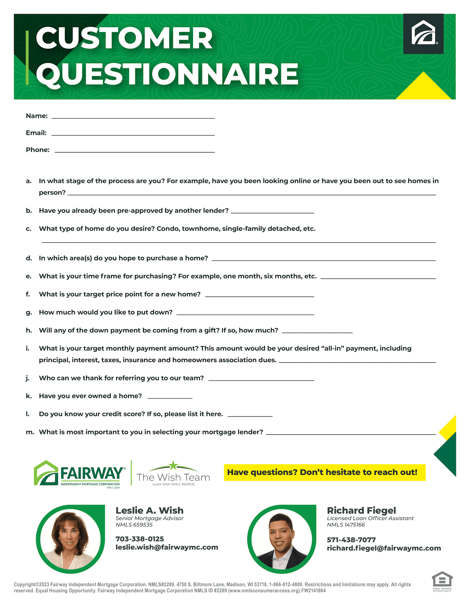 Customer Questionnaire | Leslie Wish | The Wish Team